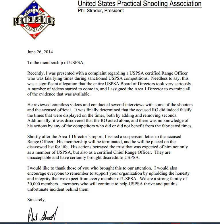Letter from USPSA President Phil Strader on the Paul Hendrix cheating ...